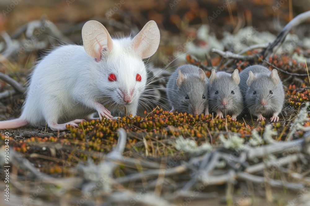 One white albino laboratory mouse with red eyes and three gray little ...