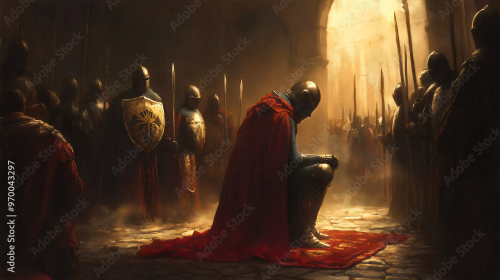 A knight in red cape kneels solemnly in a medieval hall as warriors ...