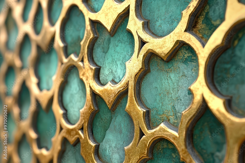 Intricate muqarnas design with geometric patterns in gold and teal for ...