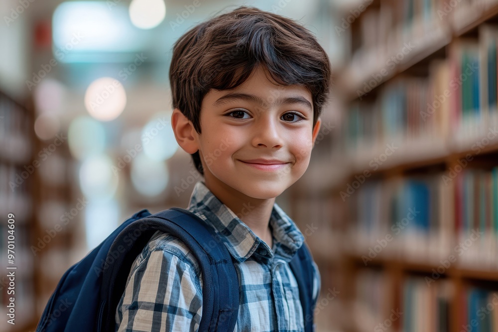 Smiling Hispanic boy in library with backpack young elementary student ...