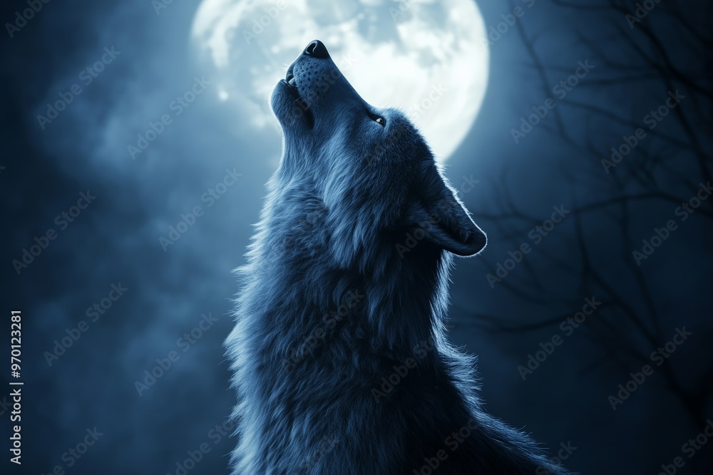 A lone wolf howls at the moon on a dark, misty night, surrounded by ...