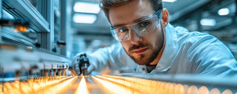 Technician checking product alignment with a laser level on a ...
