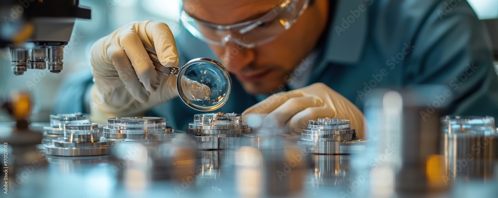 Worker reviewing product defects with a magnifying glass on a lab bench ...