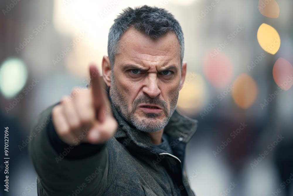 Portrait of an older man pointing angrily in an outdoor setting, with a ...