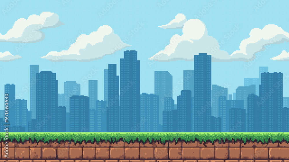 pixel art city game level background, seamless 8 bit retro video game ...