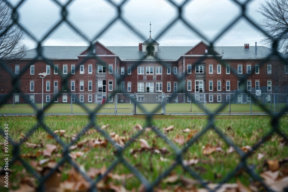 School building behind a metal fence Stock Photo | Adobe Stock