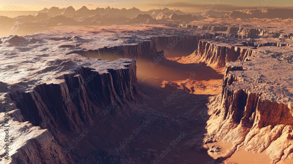 Fantasy realistic terrain of an alien world featuring canyons and rocky ...
