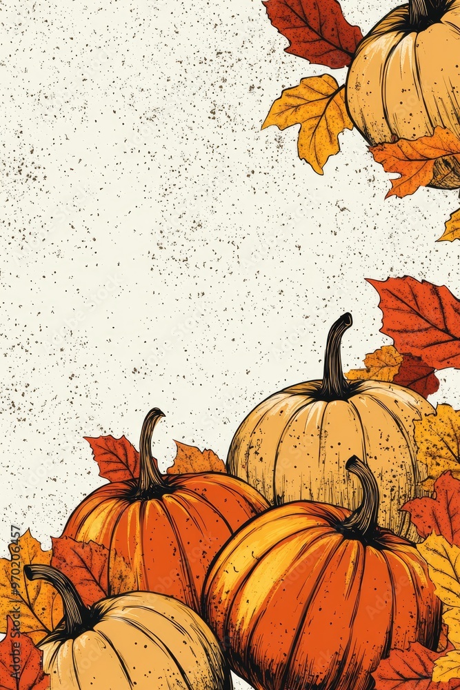 Line art illustration of decorative pumpkins surrounded by autumn ...
