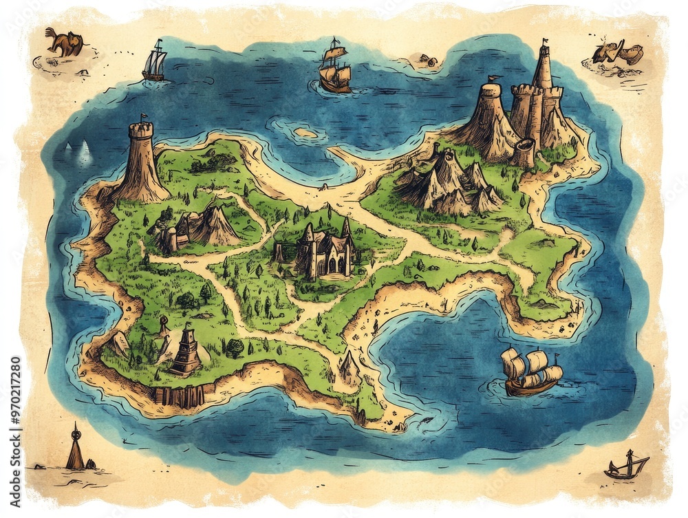 Fantasy island map illustration featuring a fictional land concept ...