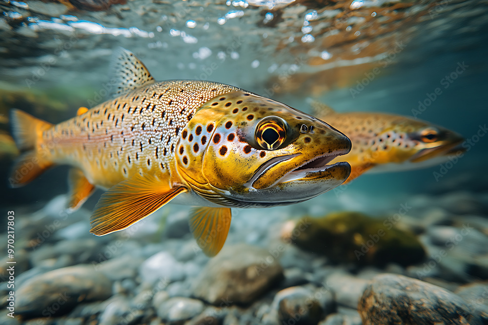 A realistic photo of wild salmon swimming upstream in a river during ...