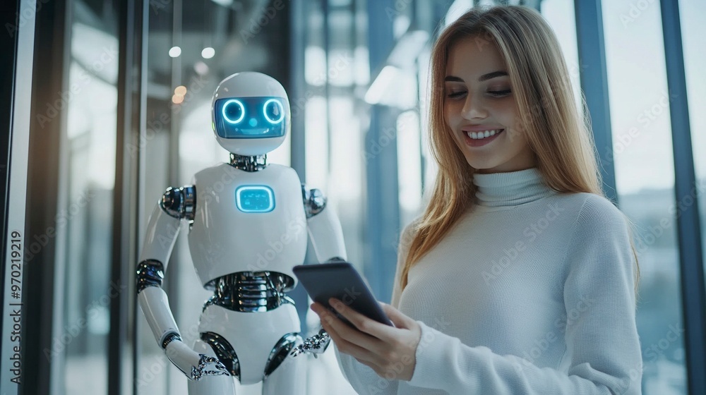 Woman using chat bot in smartphone intelligence Ai. Chat with AI ...