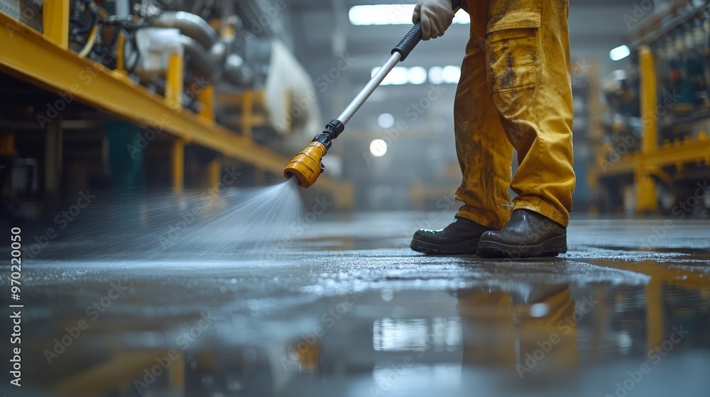 Factory worker using high-pressure cleaner, holographic technology ...