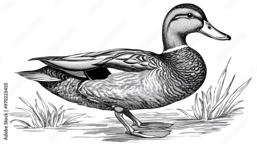 Vintage line art illustration of a Mallard a dabbling duck known for ...