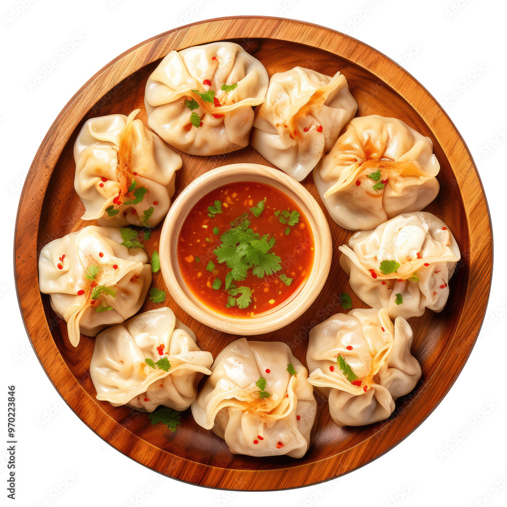 Dumpling momos with sauce in a wooden plate top view isolated on ...