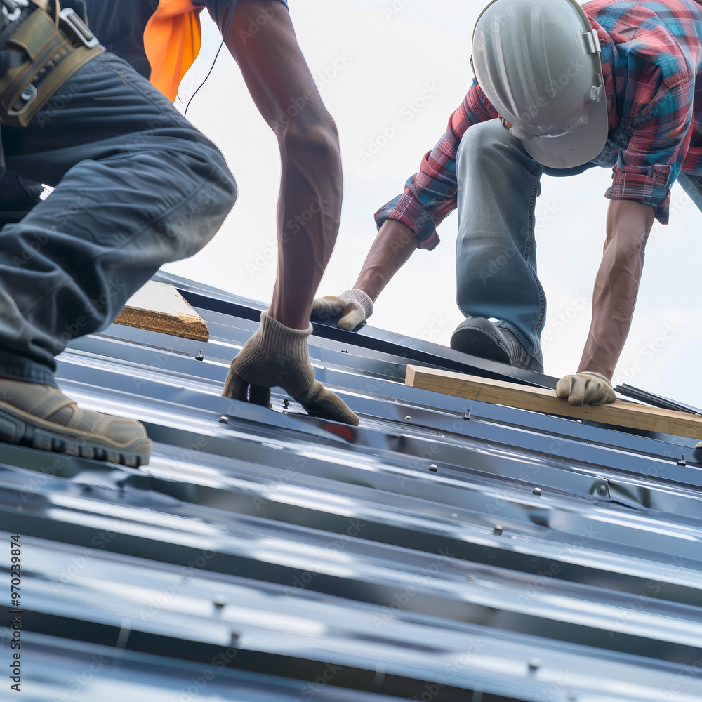 Construction workers installing metal roofing on a building for repair ...