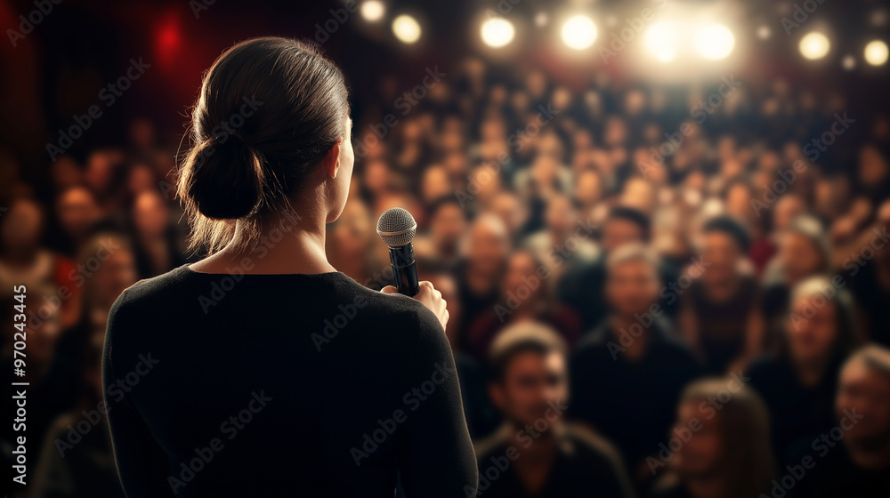 Woman on stage holding microphone, speaking to audience, back view ...