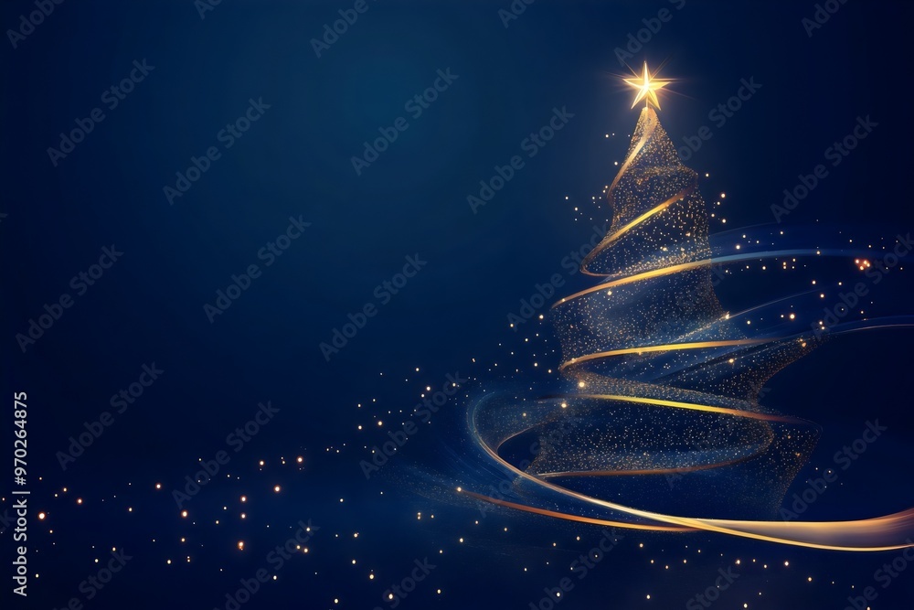 Abstract gold christmas tree sparkling on dark blue background with ...