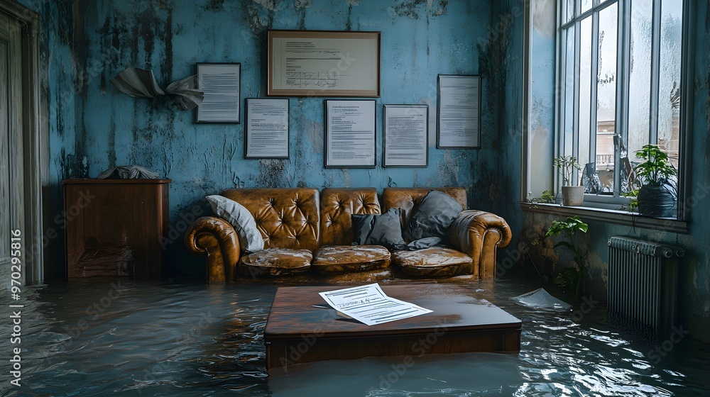 Flooded living room, soaked furniture floating, insurance claim form on ...