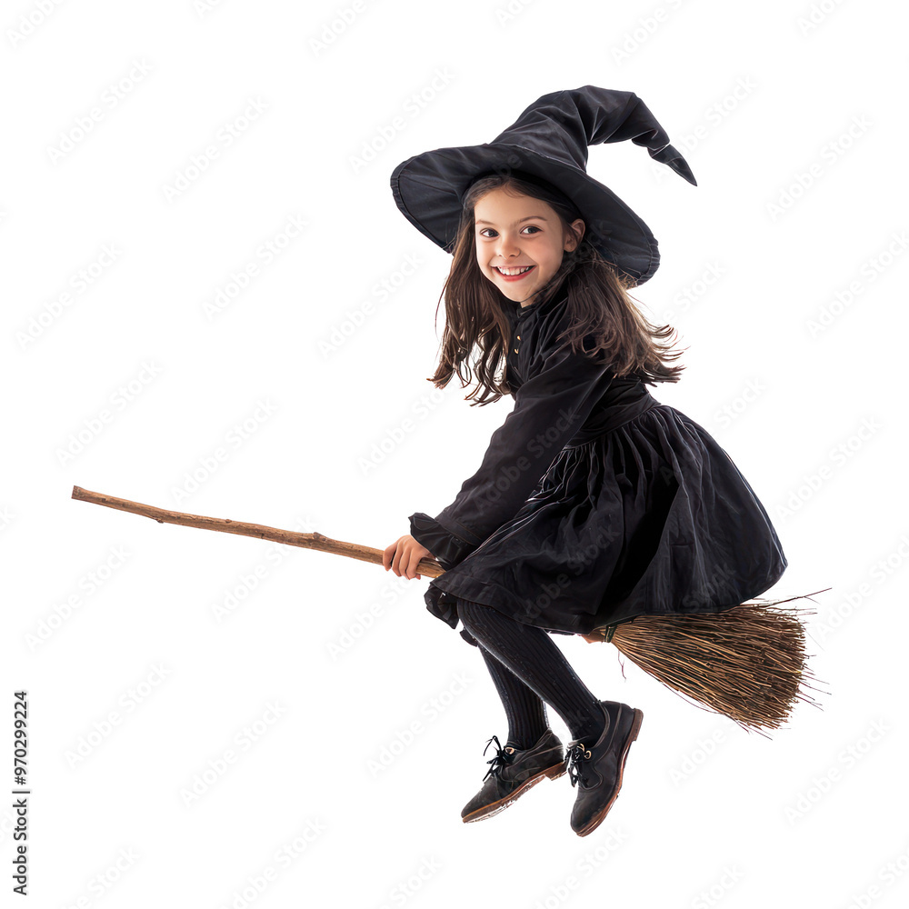 Young girl wearing witch costume ride broom flying isolate on ...
