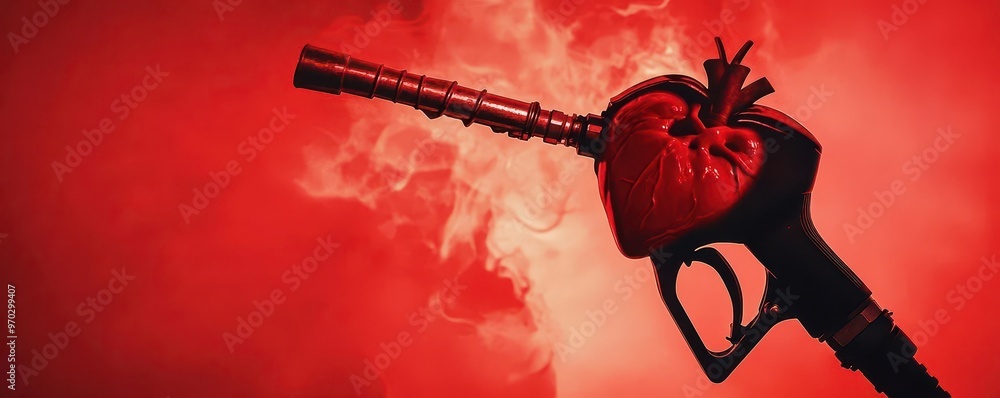 Human heart morphing into a fuel pump close up, focus on, copy space ...