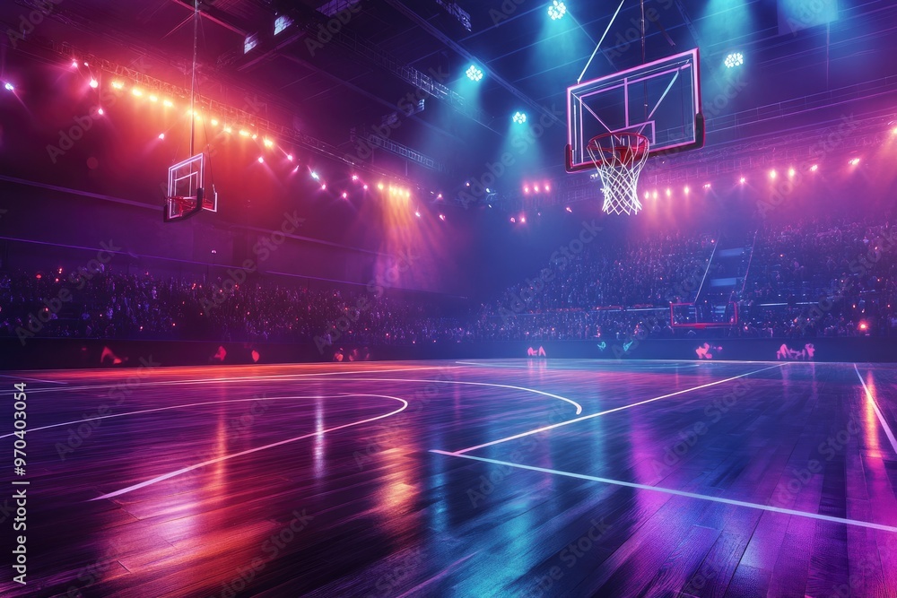 Basketball court with intense lighting, while hoop and scoreboard are ...