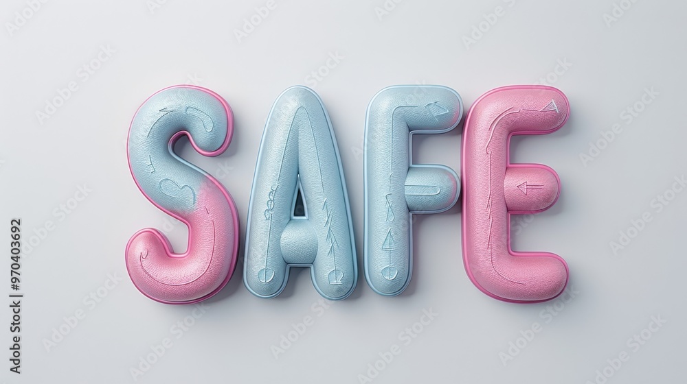 Soft touch rubber texture sky blue and pink "SAFE" text emoji, 3D high ...