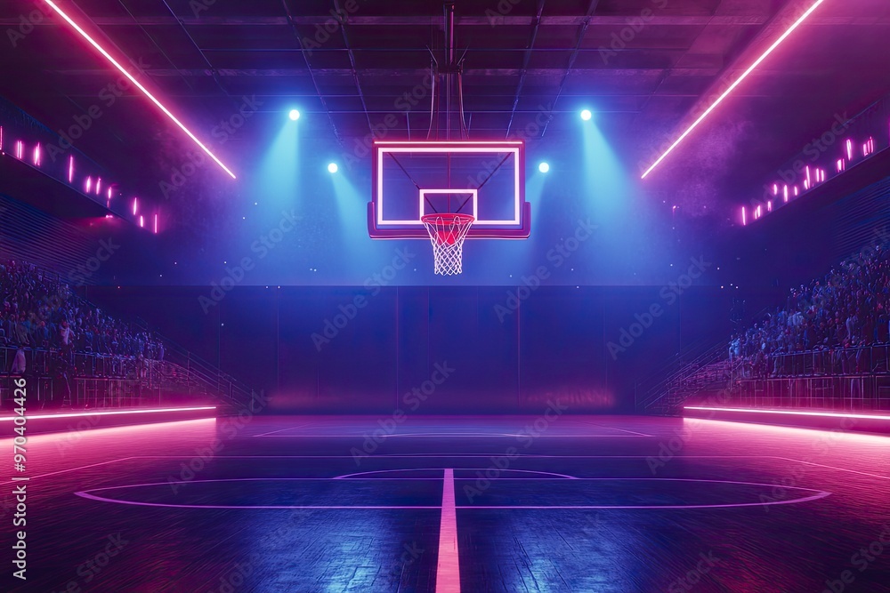 Basketball court with intense lighting, while hoop and scoreboard are ...
