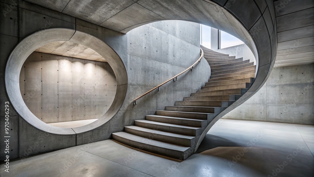 A winding concrete staircase unfolds, its curved hollow back creating a ...