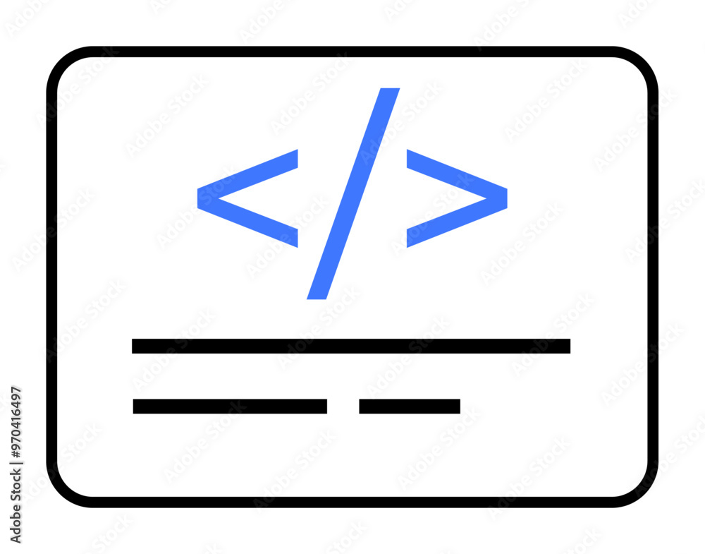 An HTML code symbol is displayed with tags in blue and horizontal lines ...