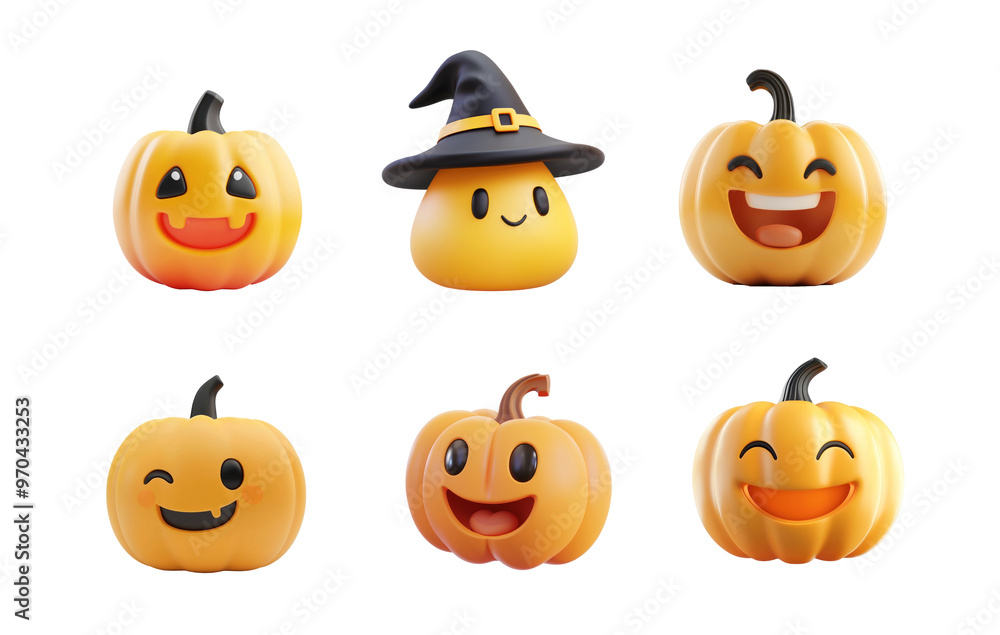 Collection of Jack o lantern smiling, cute, 3D, emoji isolate on ...