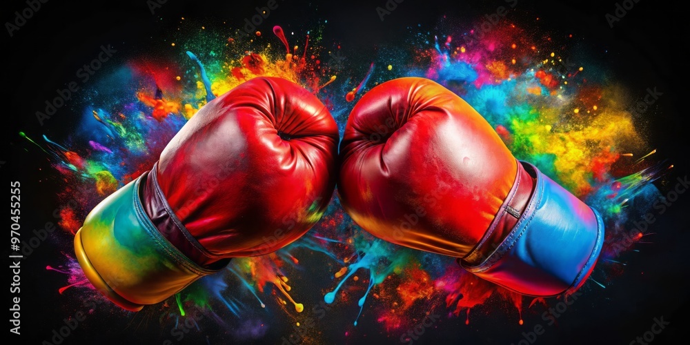 Blood-splattered boxing gloves bursting with vibrant colors and bold ...