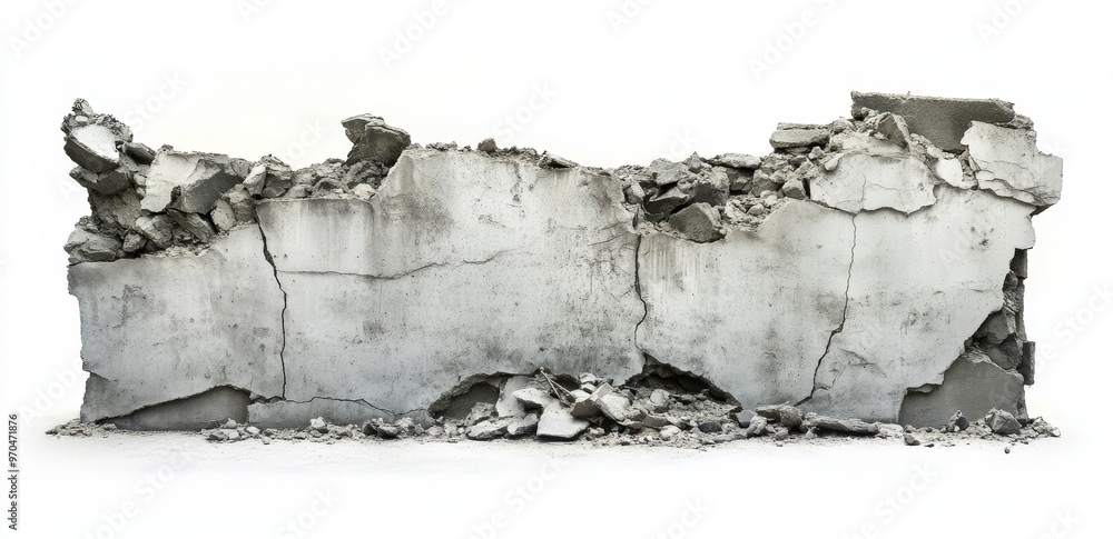 A close-up shot of a crumbling concrete wall with debris at the base ...