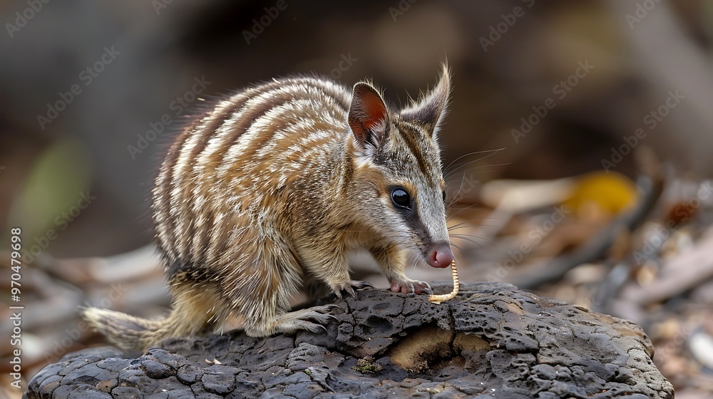 Numbat foraging for termites, Australian outback, long tongue visible ...