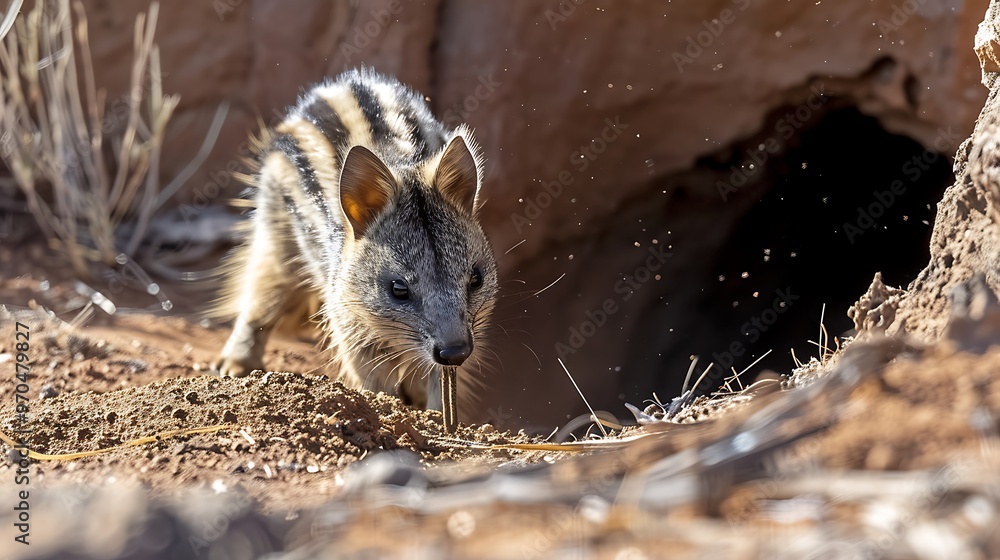 Numbat foraging for termites, Australian outback, long tongue visible ...