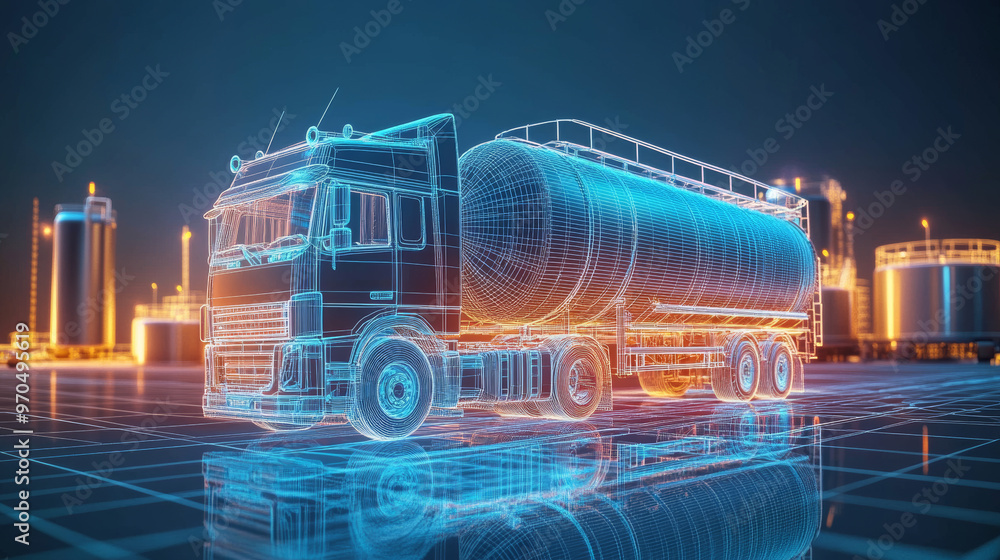 A 3D image of an oil truck, fuel tanker, and storage tanks. The image ...