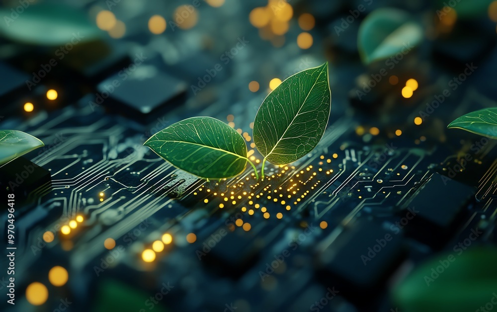 Circuit board at night featuring lush green leaves sprouting ...