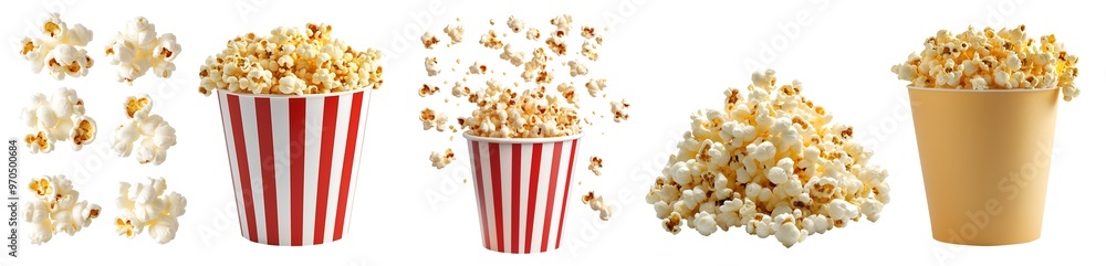 Popcorn corn kernel grains, many angles view pile, stripe red white ...