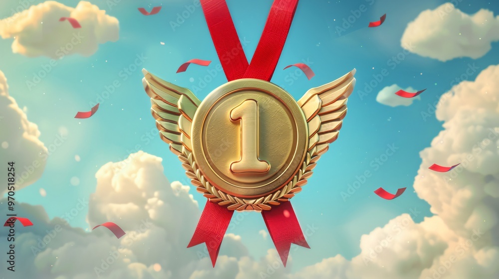 56. A vector cartoon 3D medal with the number one, red ribbons, wings ...