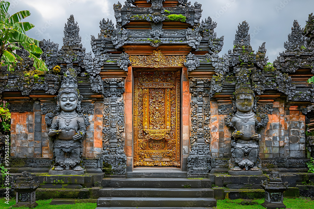 Details of traditional balinese hindu temple. Entrance gate with door ...