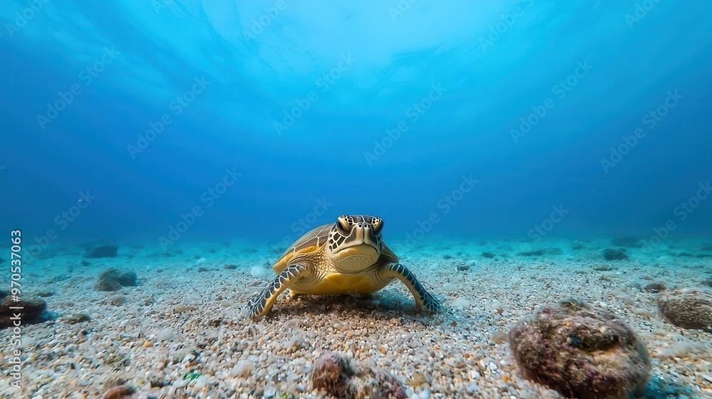 Sea turtle crawling through microplastic particles on the ocean floor ...