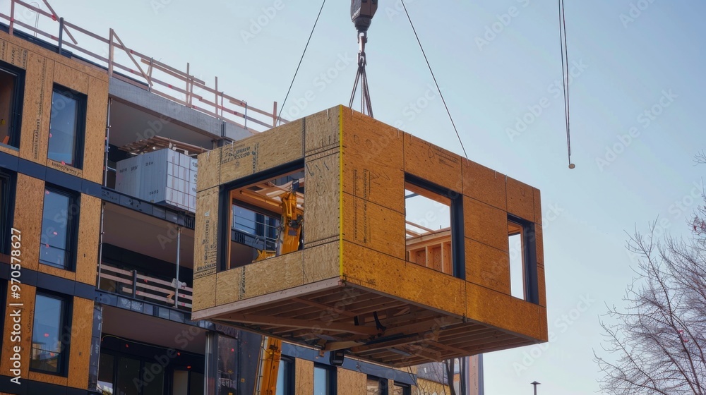 Wooden building module is raised by a crane and placed into the ...