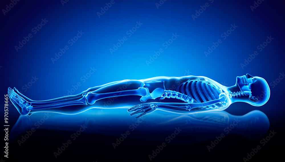 A 3D x-ray illustration of a human male body showing the skeleton in a ...