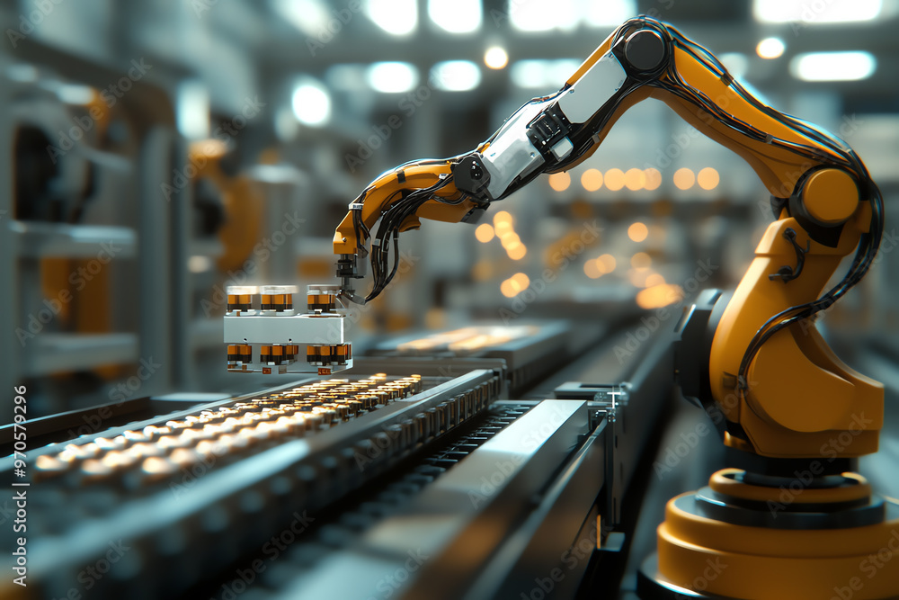 Industrial robotic arm performing precise tasks on automated assembly ...