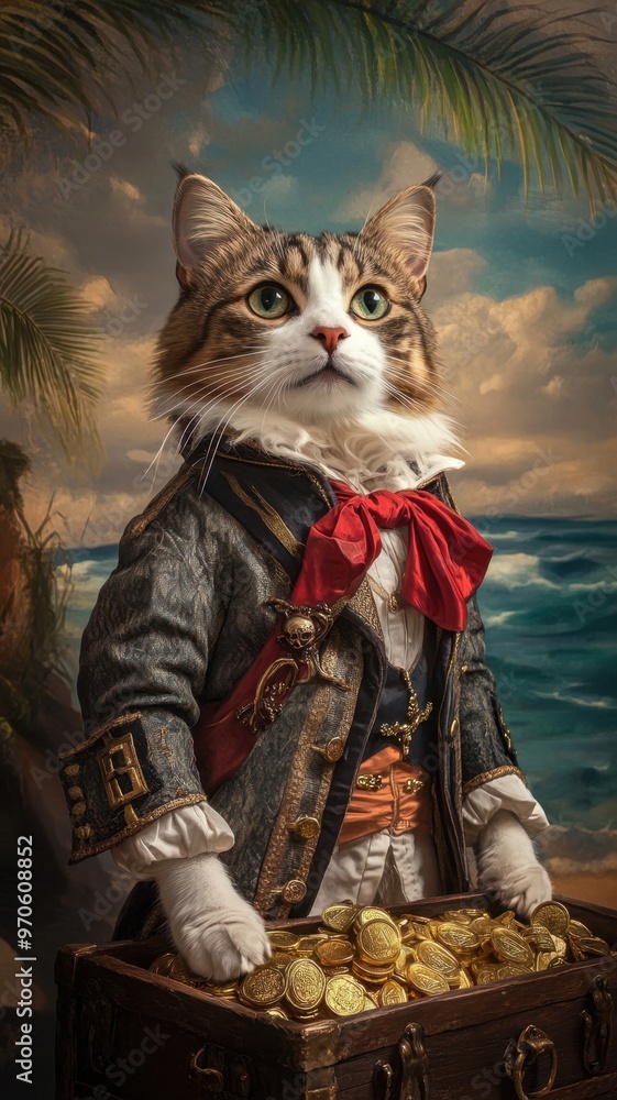 Cat wearing a pirate captain's coat, standing on a treasure chest ...