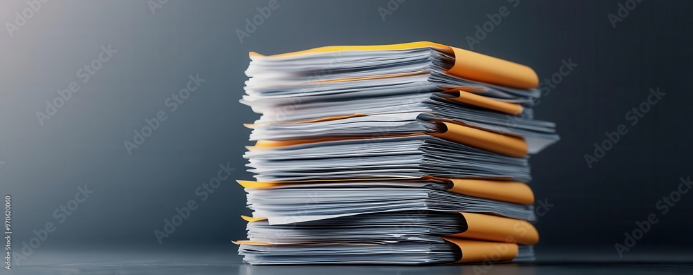 Render a tax document stack from an eye-level perspective, enhancing ...