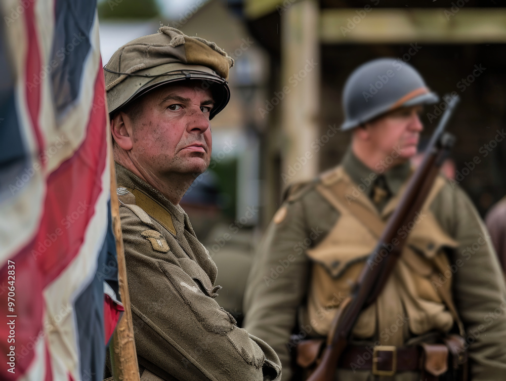 1940s British soldier in World War II attire stands next to an English union jack flag. open air ...