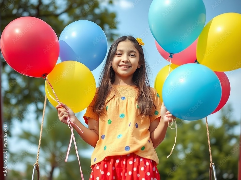 Random photo effect of teenage girl in bright clothes holding helium ...