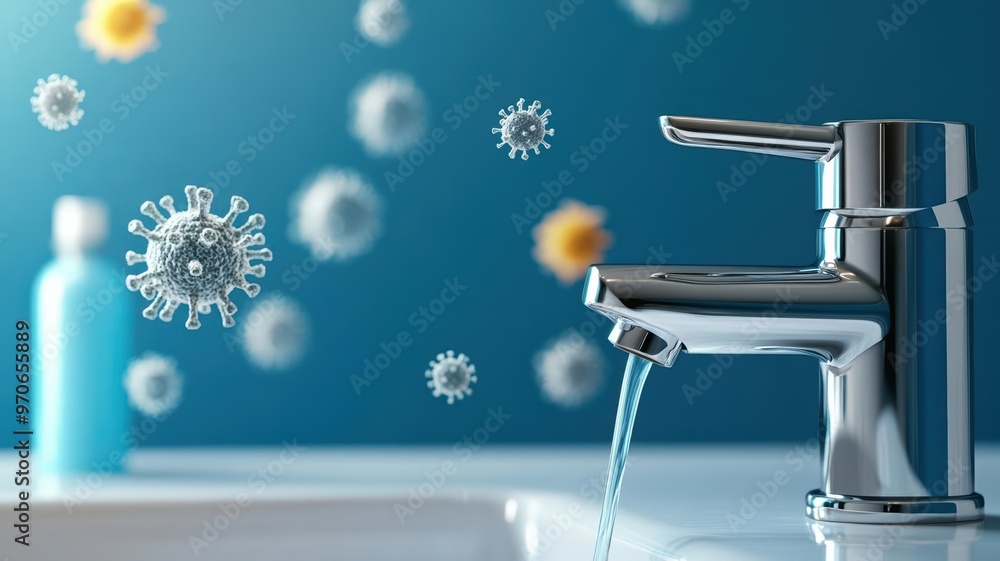 Faucet with bacteria visibly multiplying under UV light, highlighting ...