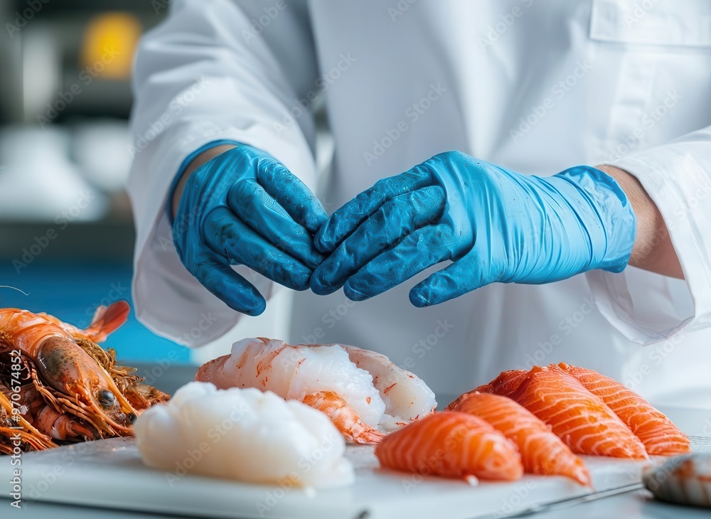 Microplastic contamination shown in seafood samples on a lab table ...