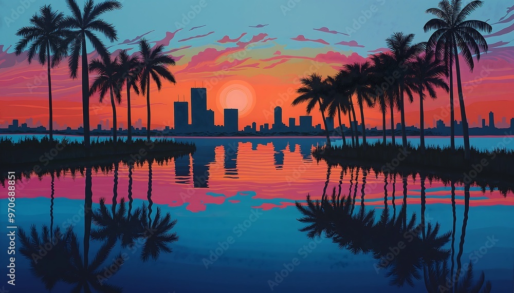 painting of horizon with palmtrees silhouette, 80s retro, miami vice ...